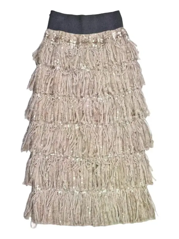 Brunello Cucinelli Sequin Embellished Fringed Skirt - Neutrals
