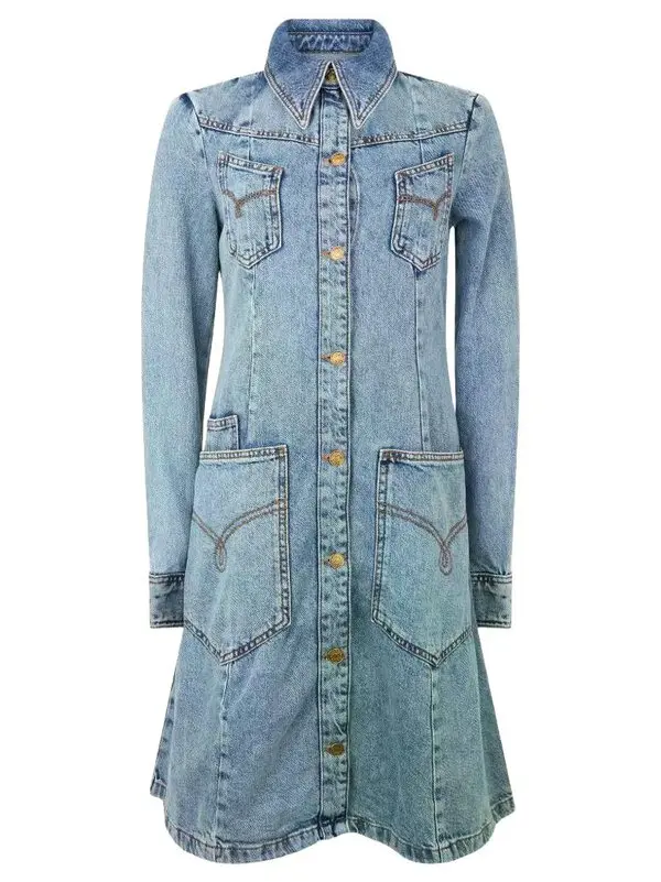 Moschino Cotton Mini Dress With Button-up Front And Flared Skirt - Blue