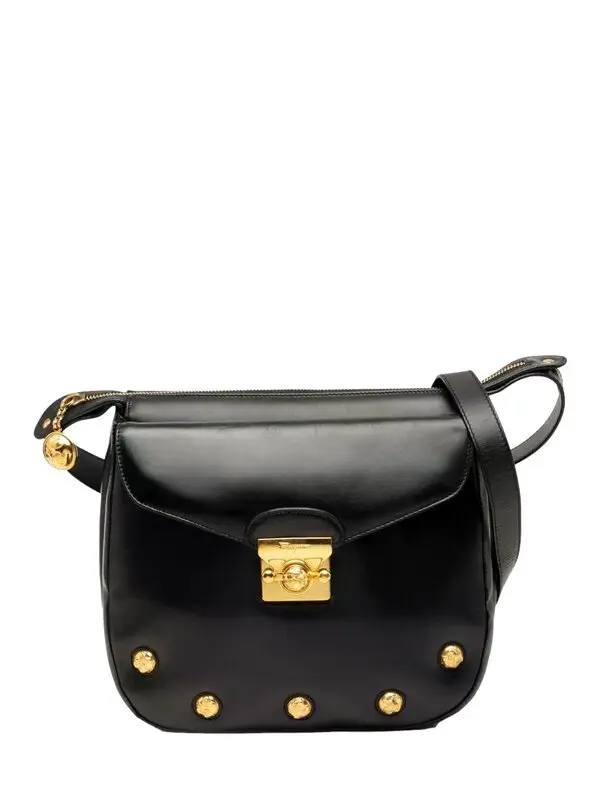 FERRAGAMO Studded Leather Crossbody Shoulder Bag - Black