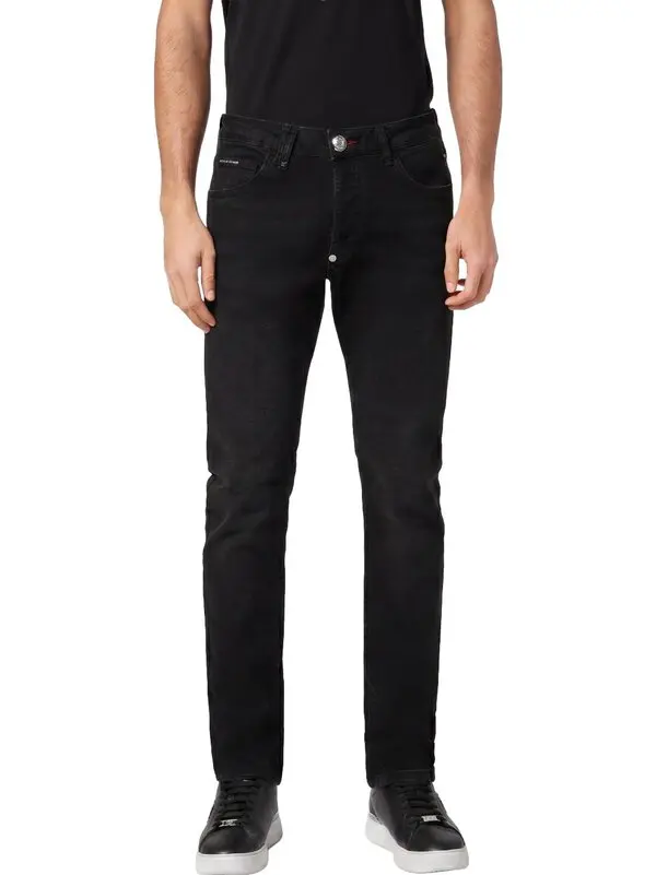 Philipp Plein Slim Fit Skinny Jeans In Cotton With Metal Logo - Black