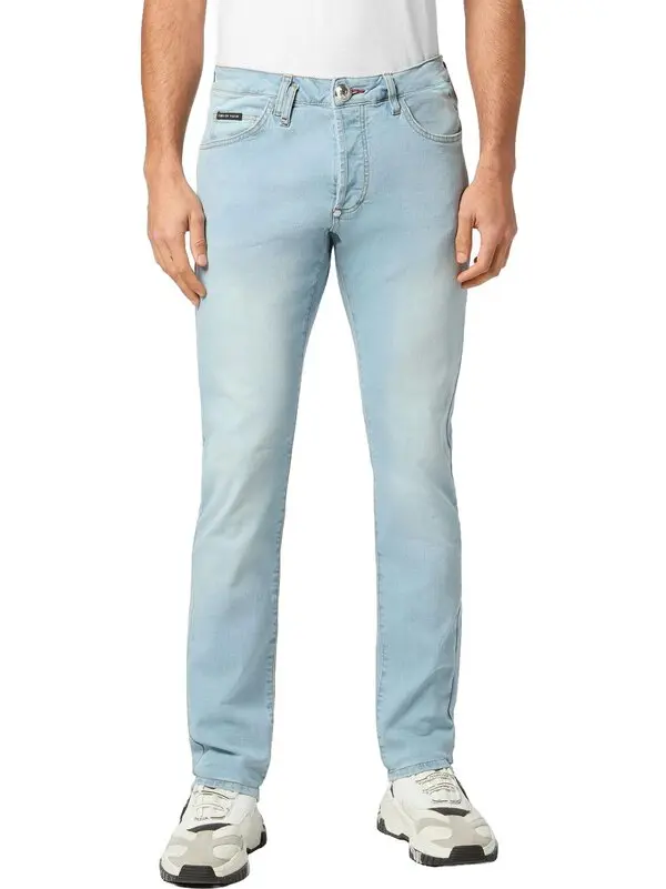 Philipp Plein Slim Fit Skinny Jeans In Cotton With Metal Logo - Blue
