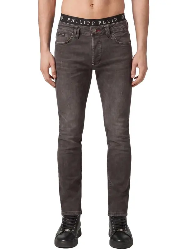 Philipp Plein Slim Fit Skinny Jeans In Cotton With Metal Logo - Grey