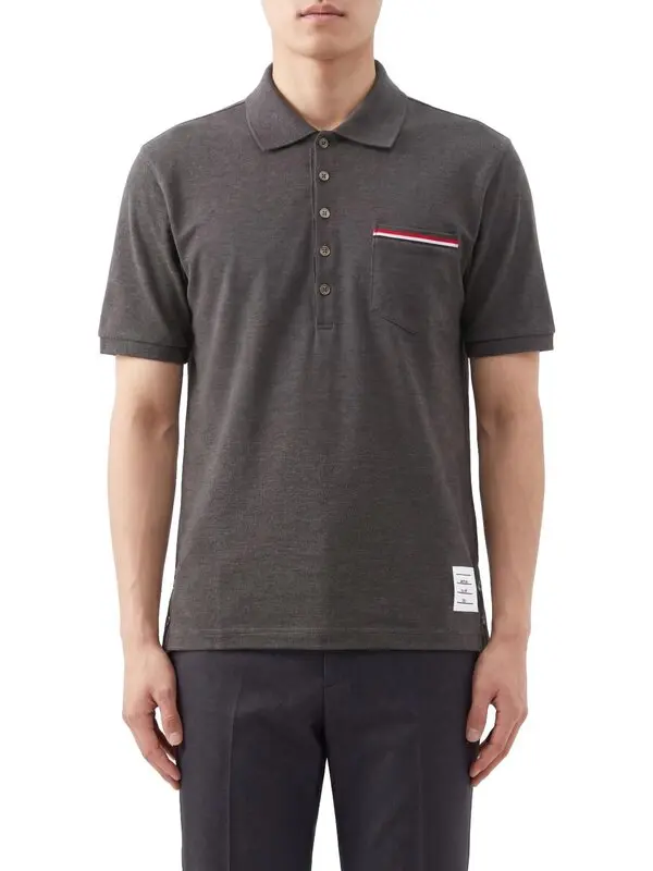 Thom Browne Short-sleeved Polo Shirt In Piqué Cotton With 4-bar Logo - Grey