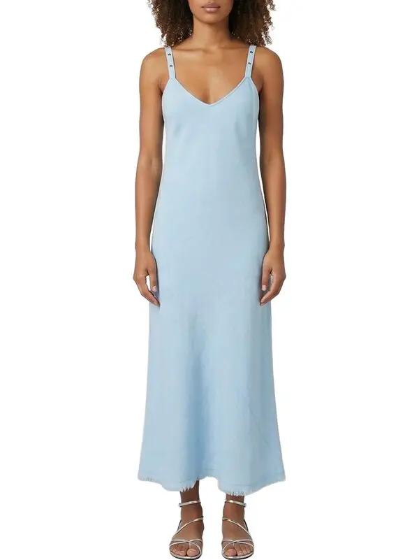 Pinko Long Linen Blend Slip Dress With Stud Embellishments - Blue