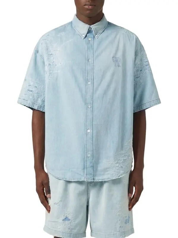 Acne Studios Relaxed Fit Bowling Shirt In Distressed Organic Cotton - Blue