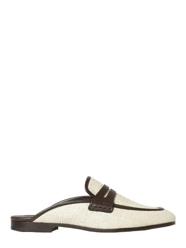 Brunello Cucinelli Bicolour Raffia And Leather Flat Mules With Penny Bar - Beige
