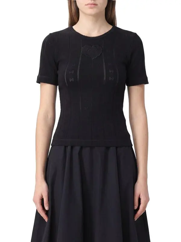GANNI Short-sleeved Knit Top In Organic Cotton - Black