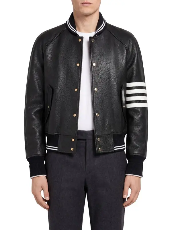 Thom Browne 4-bar Cotton Bomber Jacket With Leather Details - Black