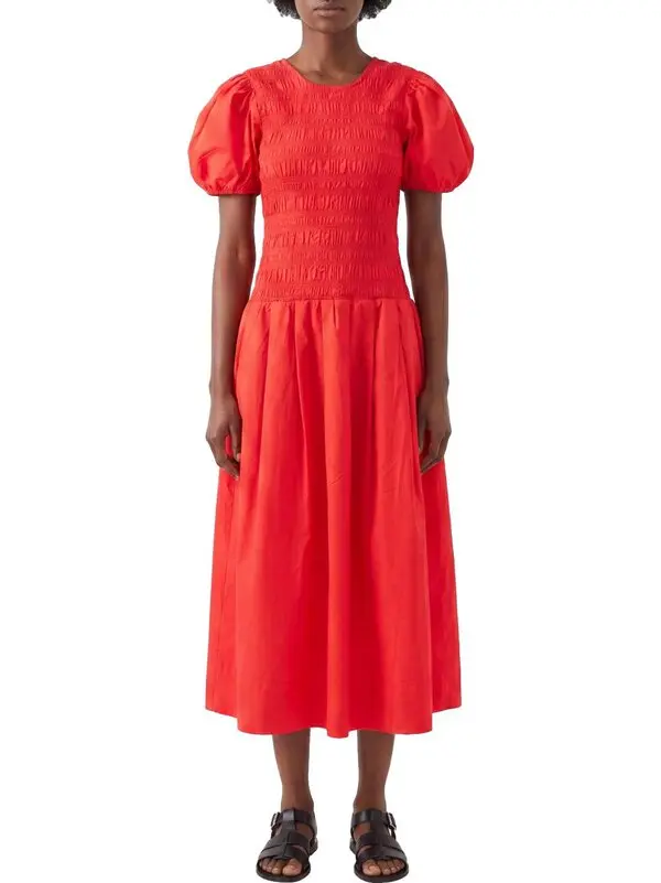 GANNI Puff Sleeve Organic Cotton Midi Dress - Red