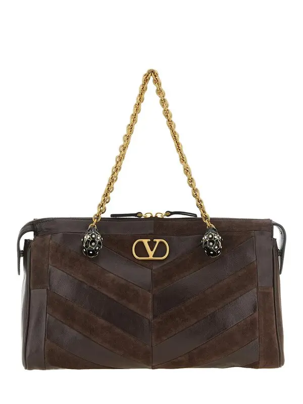 Valentino Garavani Panthea Shoulder Bag In Suede And Nappa Leather With Vlogo Monogram - Brown