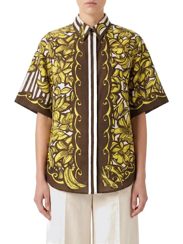 ALEMAIS Floral Print Short-sleeve Hemp Shirt - Yellow