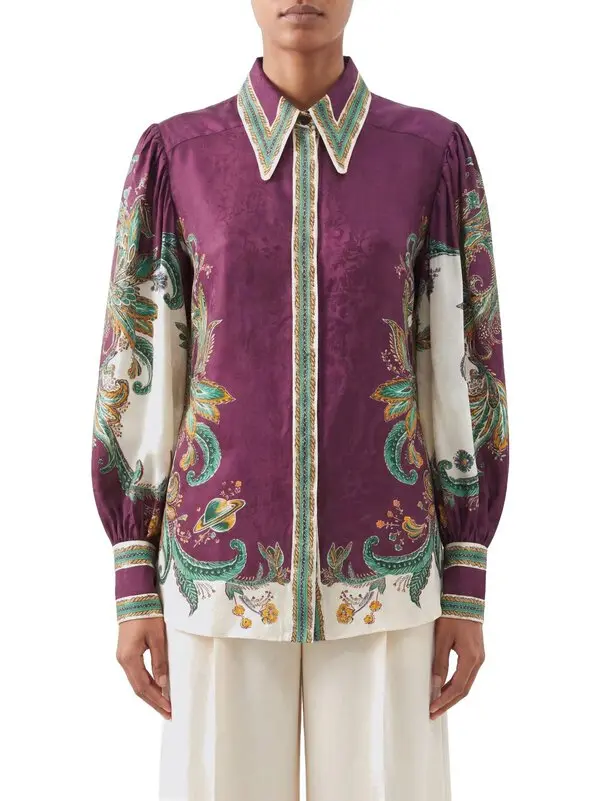ALEMAIS Slim Fit Ethnic Print Silk-blend Shirt With Balloon Sleeves - Multicolor