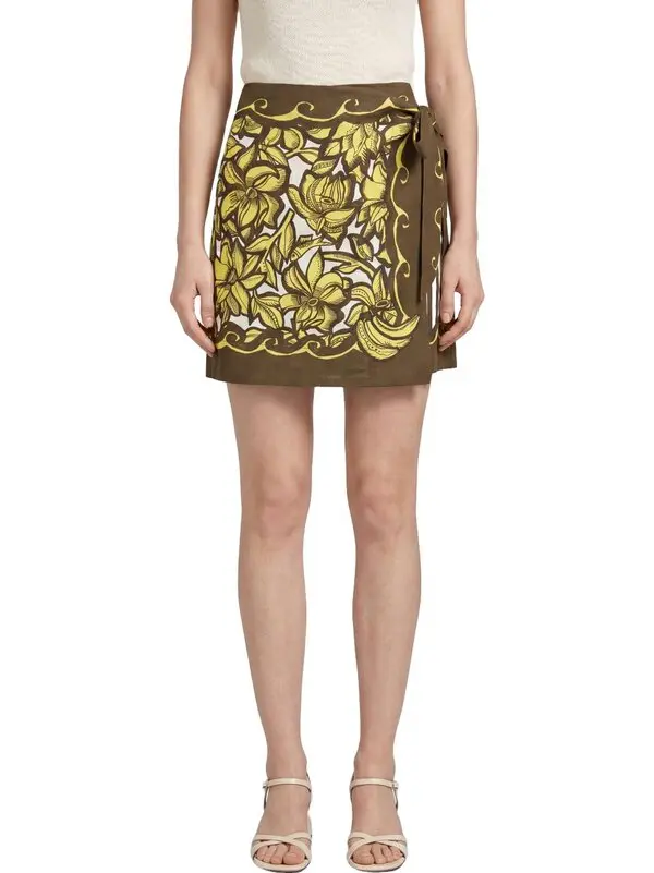 ALEMAIS Floral Print Hemp Wrap Mini Skirt - Yellow