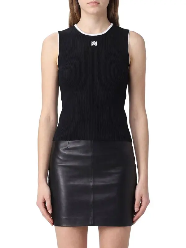 Amiri Slim Fit Ribbed Knit Sleeveless Top With Embroidered Monogram - Black