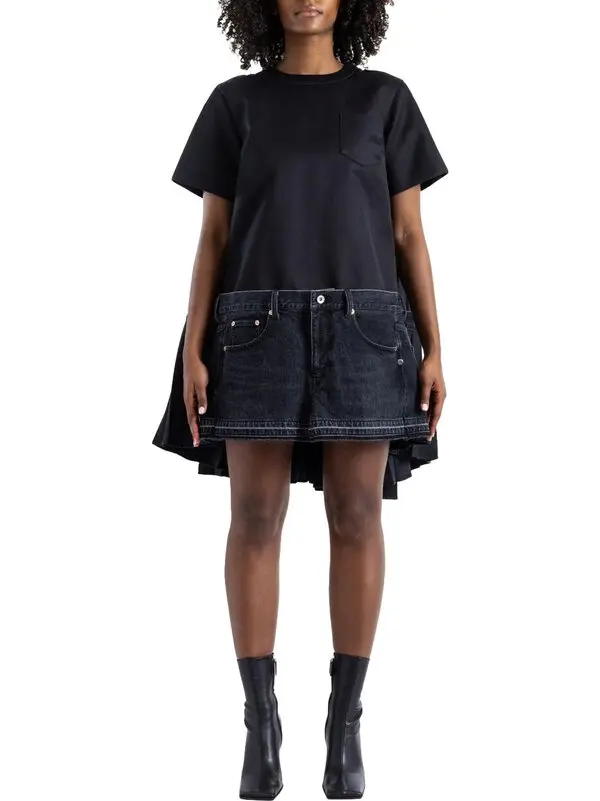 Sacai Flared Mini Dress In Denim And Silk With Asymmetrical Pleated Skirt - Black