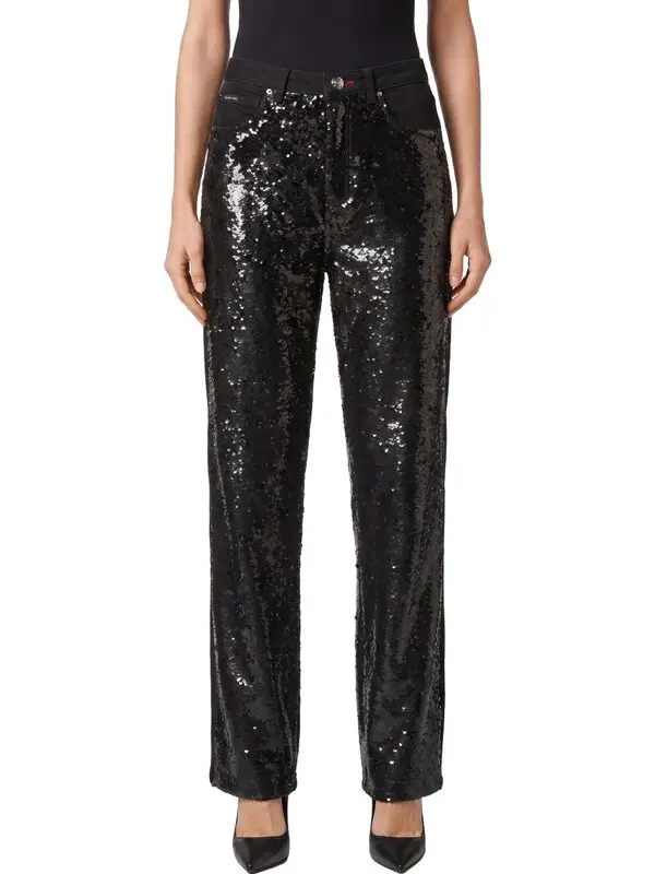 Philipp Plein Mid-rise Straight Leg Trousers With Sequin Embroidery - Black