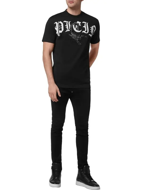 Philipp Plein Short-sleeved Cotton T-shirt With Logo Print - Black