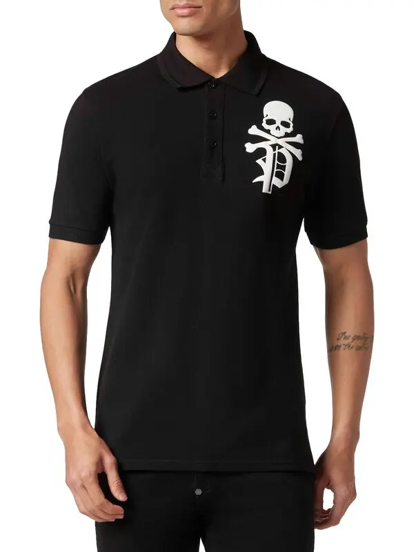 Philipp Plein Short-sleeve Cotton Polo Shirt With Skull Print And Logo - Black