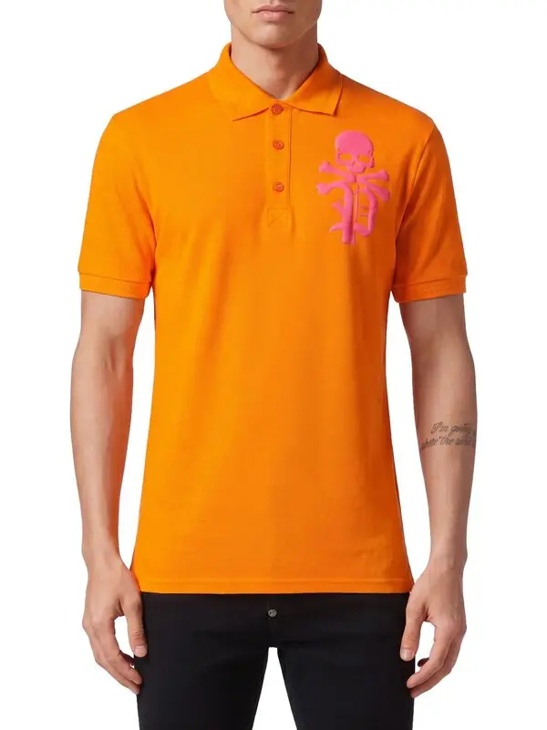 Philipp Plein Short-sleeve Cotton Polo Shirt With Skull Print And Logo - Orange
