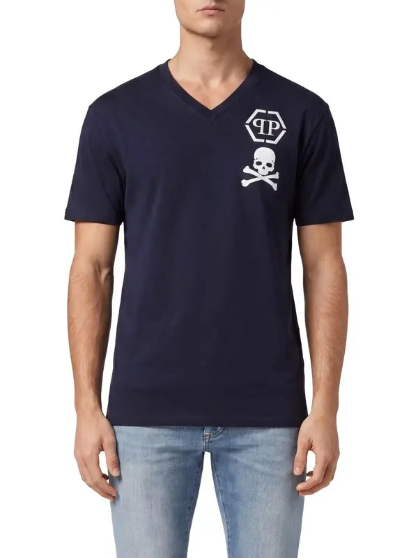 Philipp Plein V-neck Cotton T-shirt With Monogram Logo - Blue