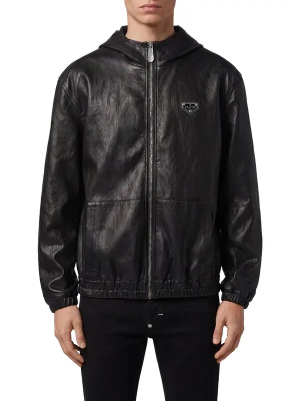 Philipp Plein Smooth Calfskin Leather Hooded Jacket - Black