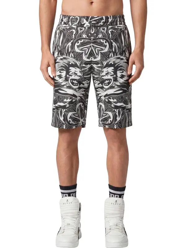 Philipp Plein Tribal Circus Silk Shorts With Graphic Print - Black