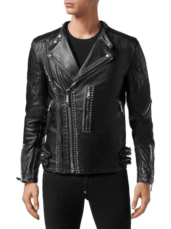 Philipp Plein Slim Fit Studded Calfskin Biker Jacket - Black