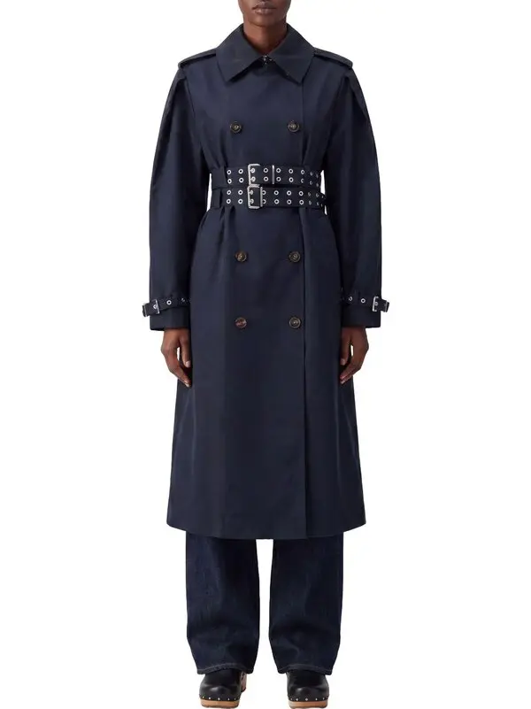 GANNI Long Double-breasted Studded Cotton Trench Coat - Black