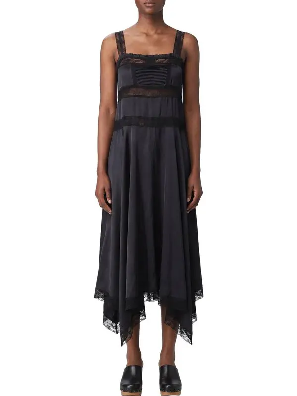 GANNI Asymmetrical Silk Midi Dress With Lace Inserts - Black