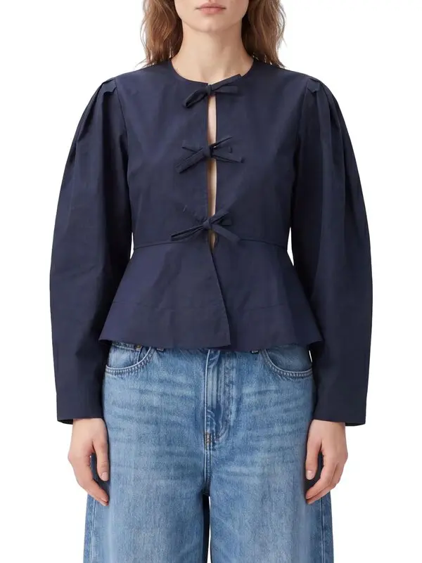 GANNI Cropped Cotton Jacket With Ruched Shoulders And Tie Fastening - Black