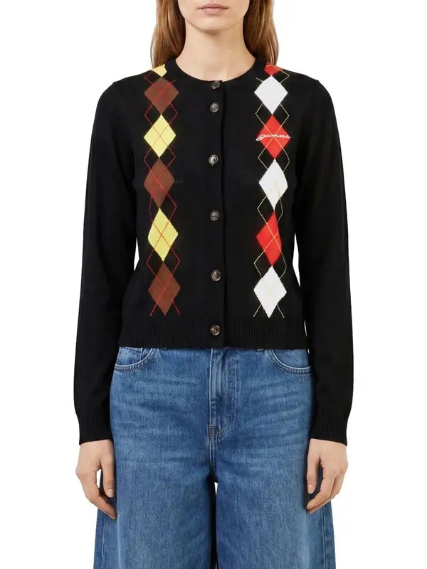 GANNI Slim Fit Argyle Cotton Cardigan - Black