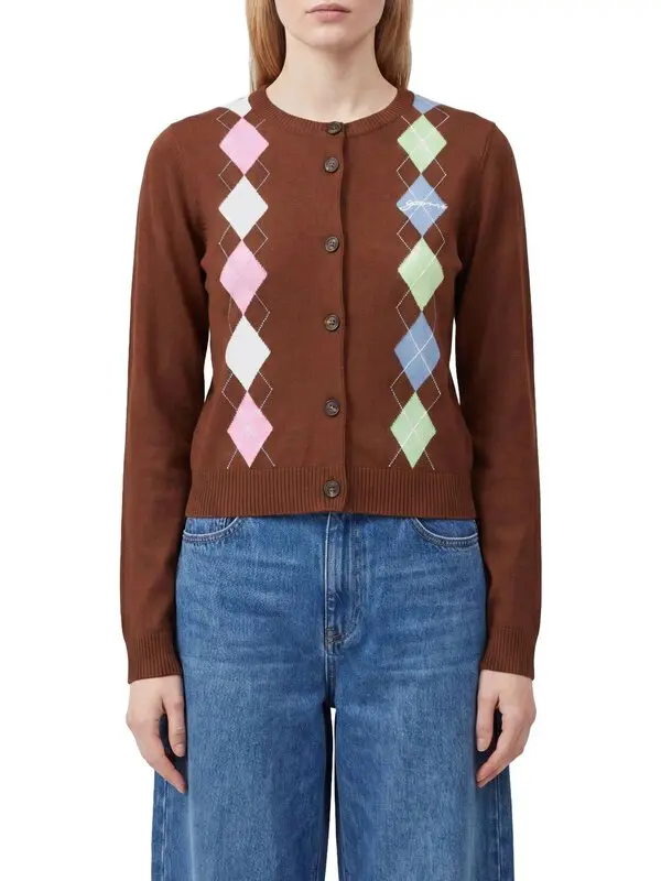 GANNI Slim Fit Argyle Cotton Cardigan - Brown