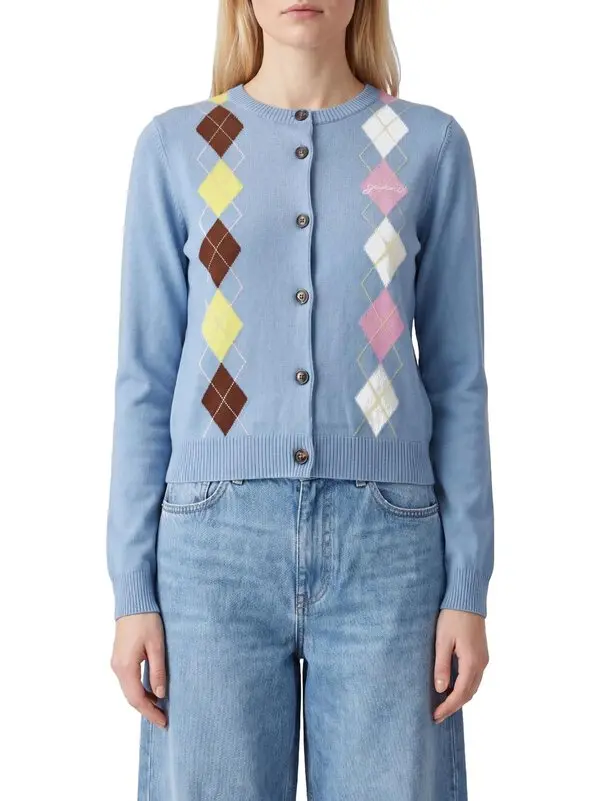 GANNI Slim Fit Argyle Cotton Cardigan - Gnawed Blue