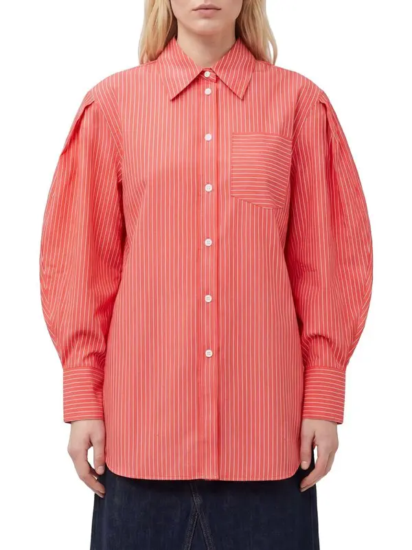 GANNI Striped Cotton Shirt With Balloon Sleeves - Red