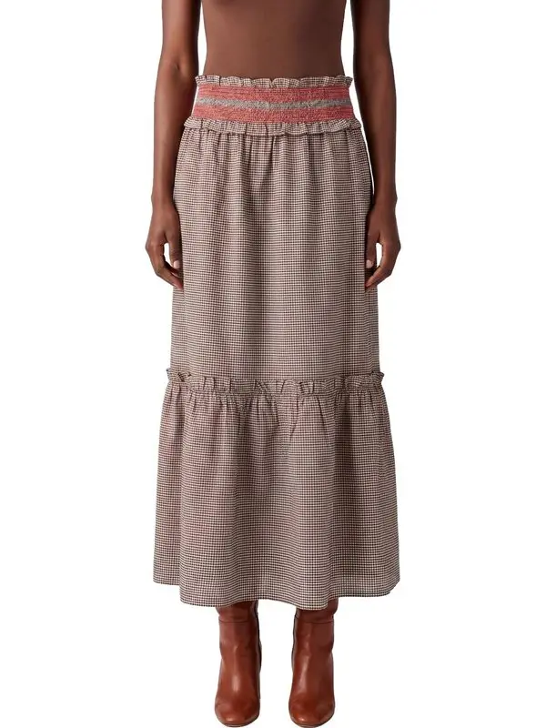 GANNI Check Cotton Midi Skirt With Ruffles - Coffee