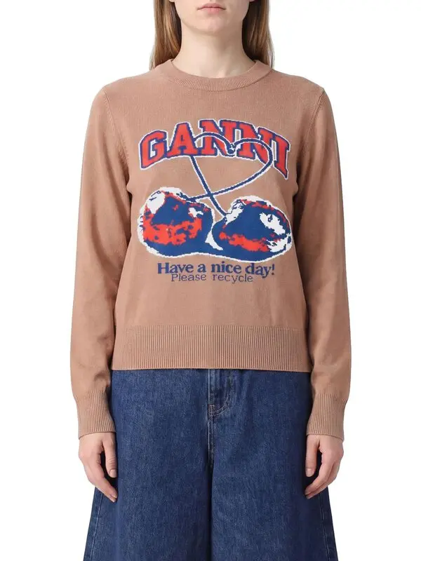 GANNI Contrast Jacquard Logo Cotton Crewneck Jumper - Camel