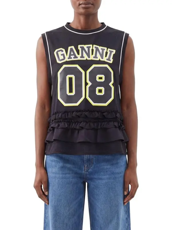 GANNI Sleeveless Top With Flounce Detail And Printed Logo - Black