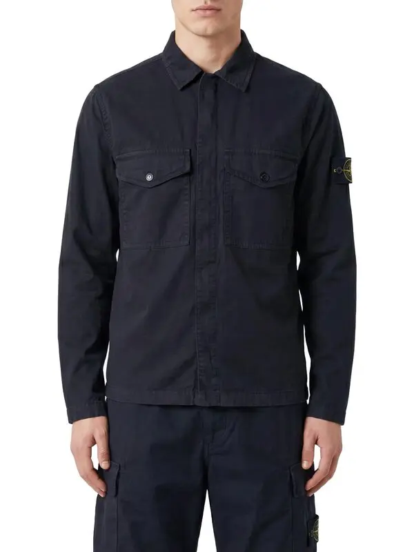 Stone Island Slim Fit Cotton Twill Shirt Jacket With Compass Logo - Navy