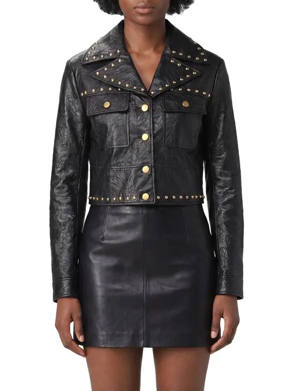Michael Kors Cropped Studded Faux Leather Biker Jacket - Black