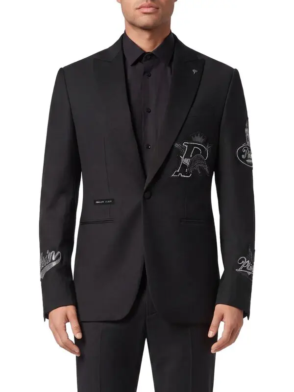 Philipp Plein Single-breasted Wool-blend Blazer With Peak Lapels And Logo Patch - Black