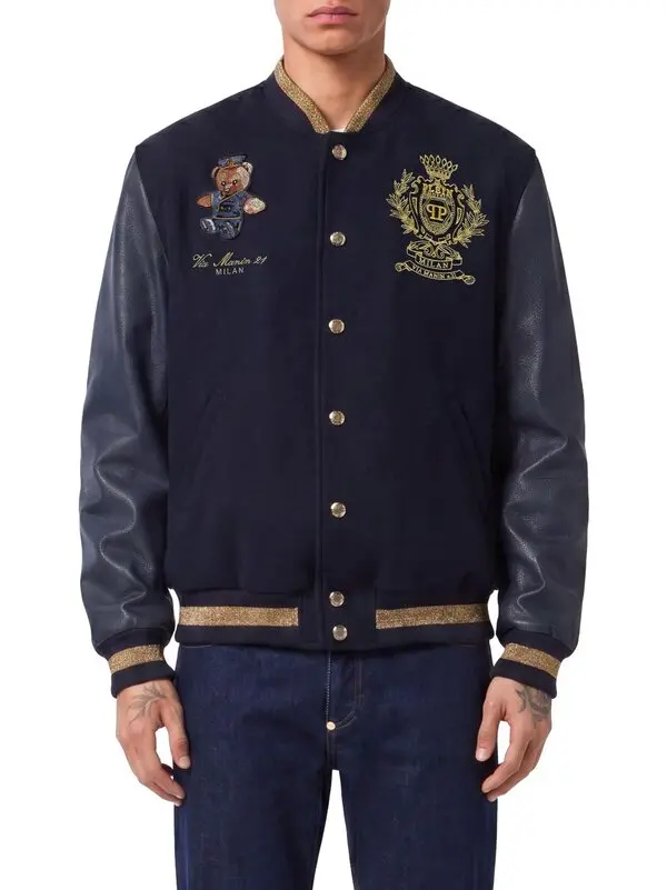 Philipp Plein Wool Varsity Bomber Jacket With Leather Sleeves And Teddy Bear Patch - Blue
