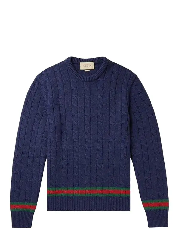 Gucci Cashmere Cable Knit Sweater With Striped Cuffs - Blue