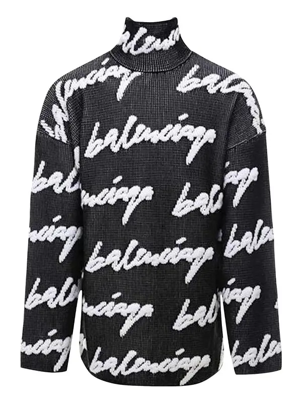 Balenciaga Scribble Logo Turtleneck Jersey Sweater - Black