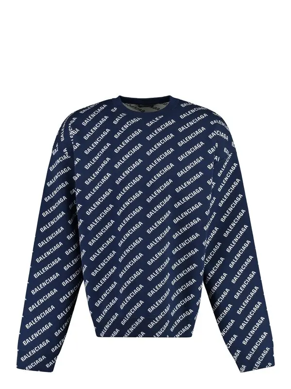 Balenciaga Allover Logo Jacquard Crewneck Sweater - Blue