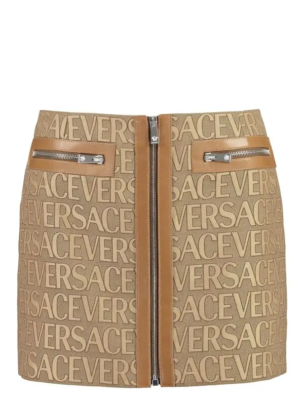 Versace Jacquard Logo Mini Skirt With Leather Trim - Beige