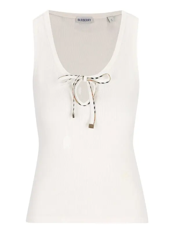 Burberry Ribbed Knit Scoop Neck Top With Front Tie Detail - Bianco
