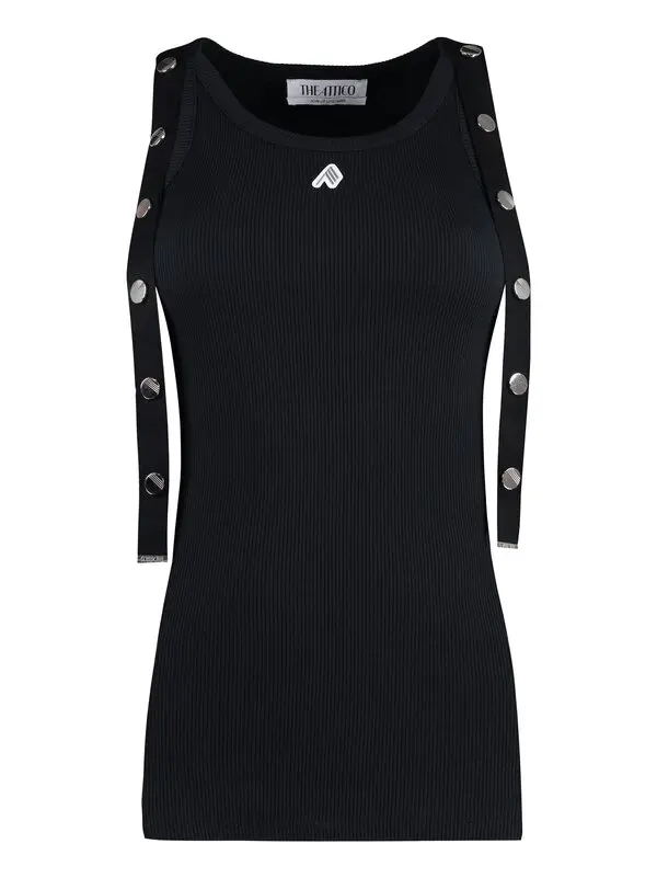 Attico Ribbed Cotton Tank Top With Logo Patch - Black