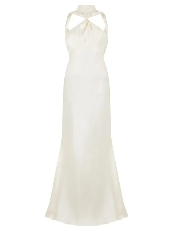 Attico Long Satin Halterneck Gown With Elegant Neckline - White