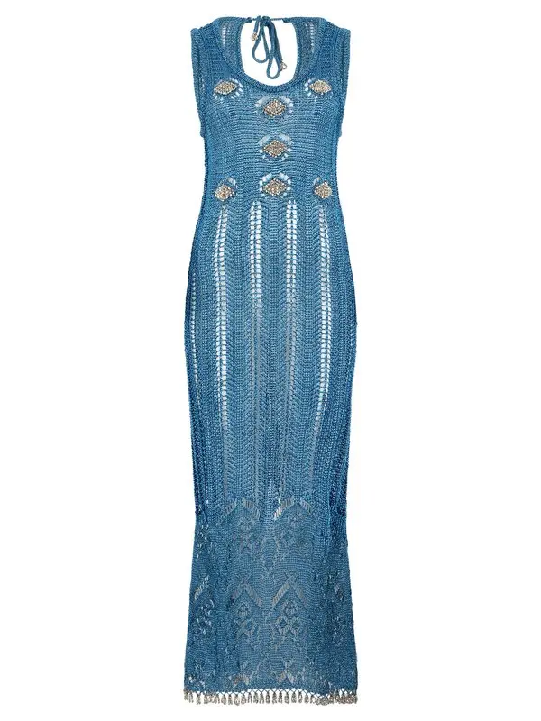 Rabanne Sleeveless Embellished Crochet Midi Dress - Light Blue