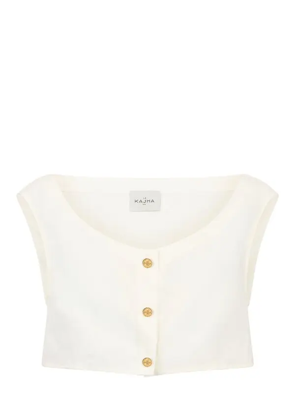 Le Kasha Elegant Cotton Round Neck Button-up Top - White
